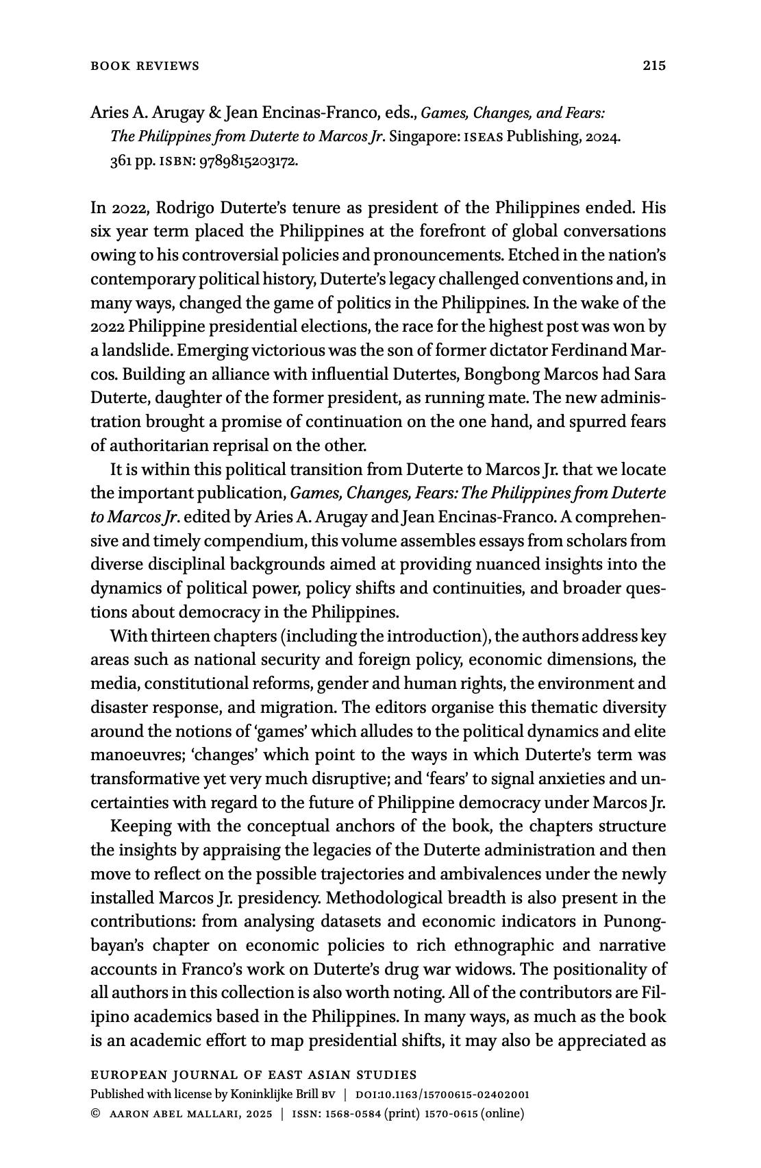 New Publication: Mallari, Book review of “Games, Changes, and Fears ...