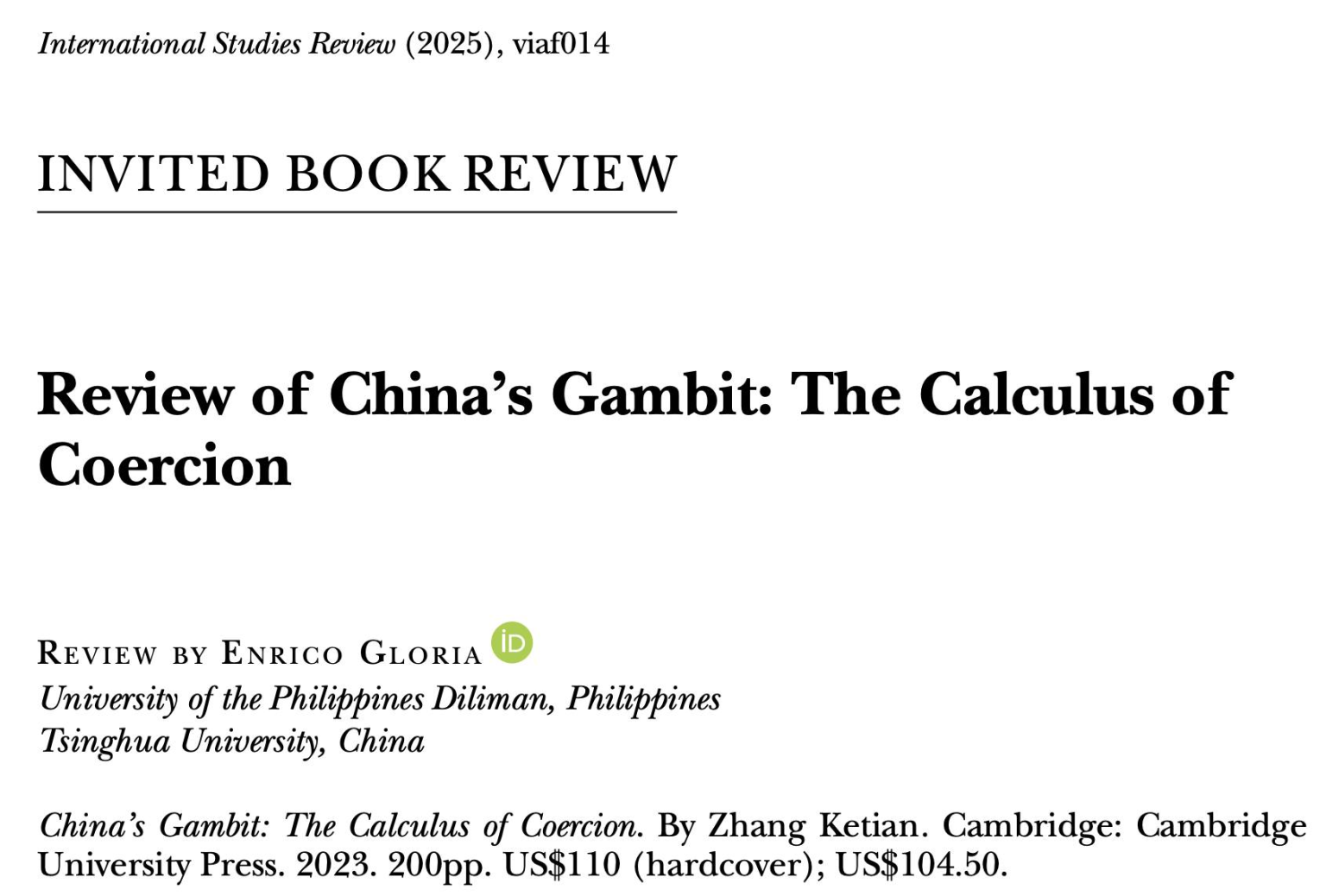 New Publication: Gloria, Book review of “China’s Gambit: The Calculus ...